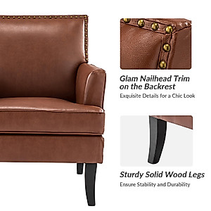 HULALA HOME Modern Faux Leather Accent Chair, Comfy Upholstered Sofa Chair with Nailhead Trim, Living Room Bedroom Armchair with Wood Legs, Brown