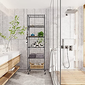 Homdox 6-Tier Storage Shelf Wire Shelving Unit Free Standing Rack Organization with Caster Wheels, Stainless Side Hooks, Black