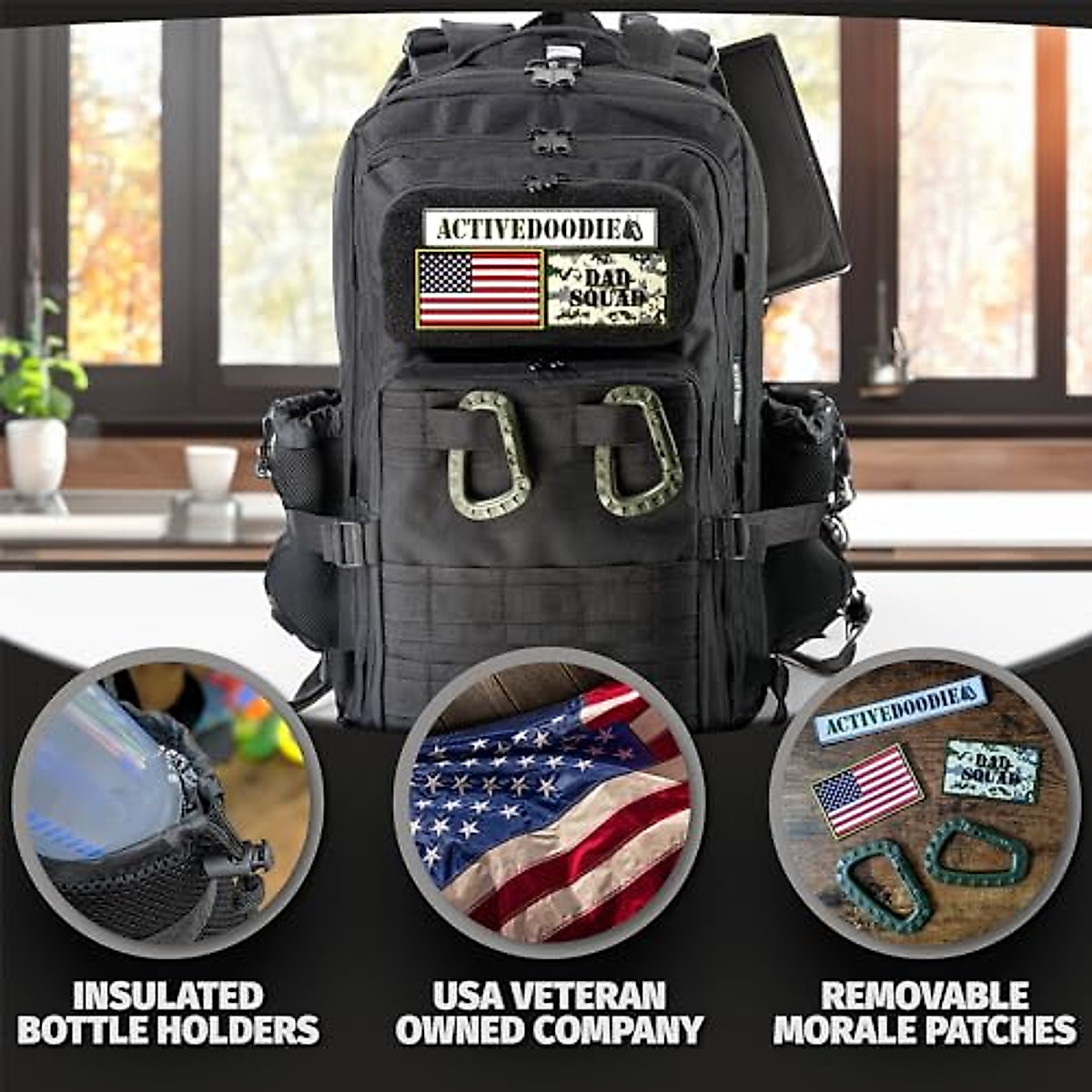 ActiveDoodie Dad Gear - Dad Diaper Bag for Men with Waterproof Changing Pad, Removable Dad Patches, Mens Diaper Bag, Black