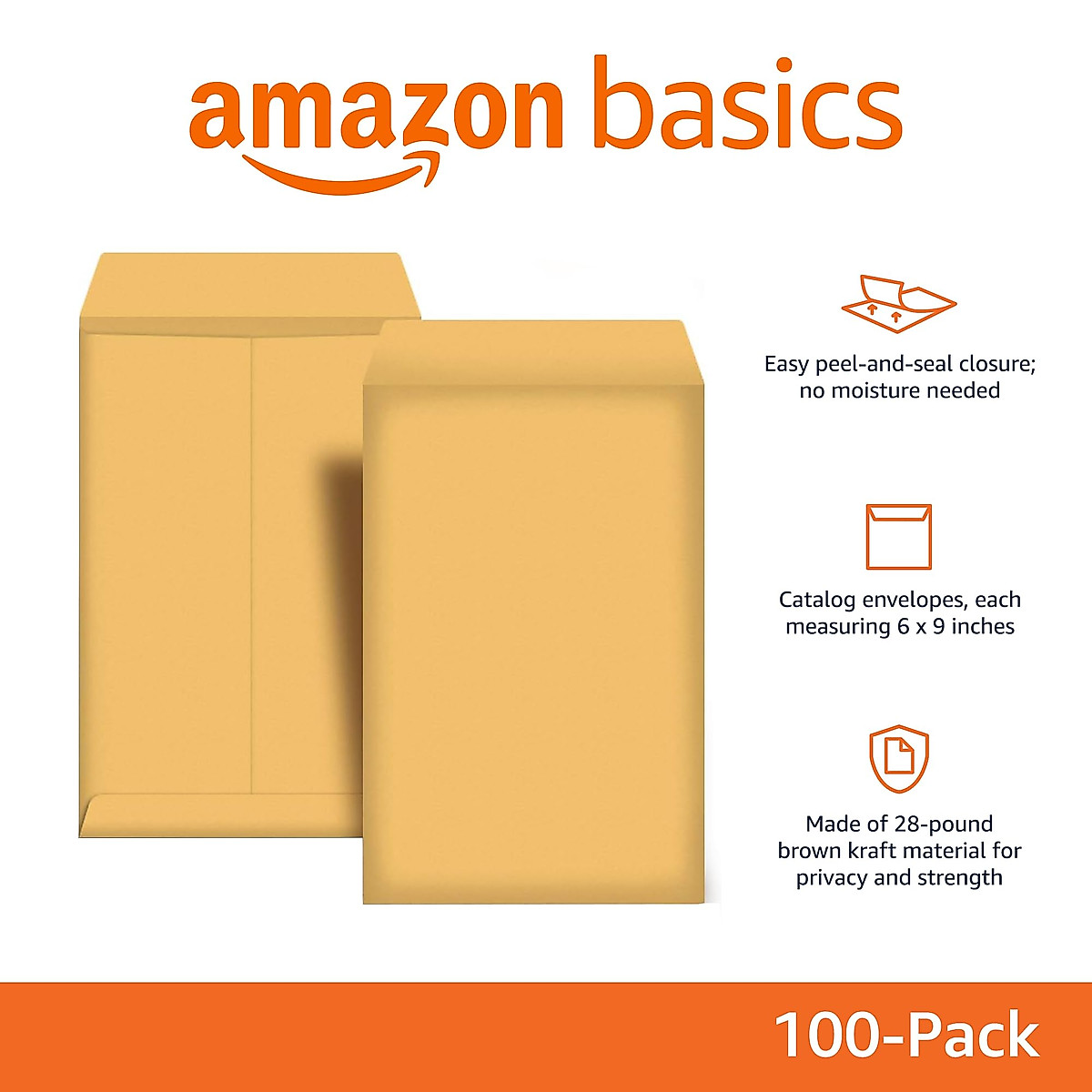 Amazon Basics Catalog Mailing Envelopes, Peel & Seal, 6x9 Inch, Brown Kraft, 100-Pack