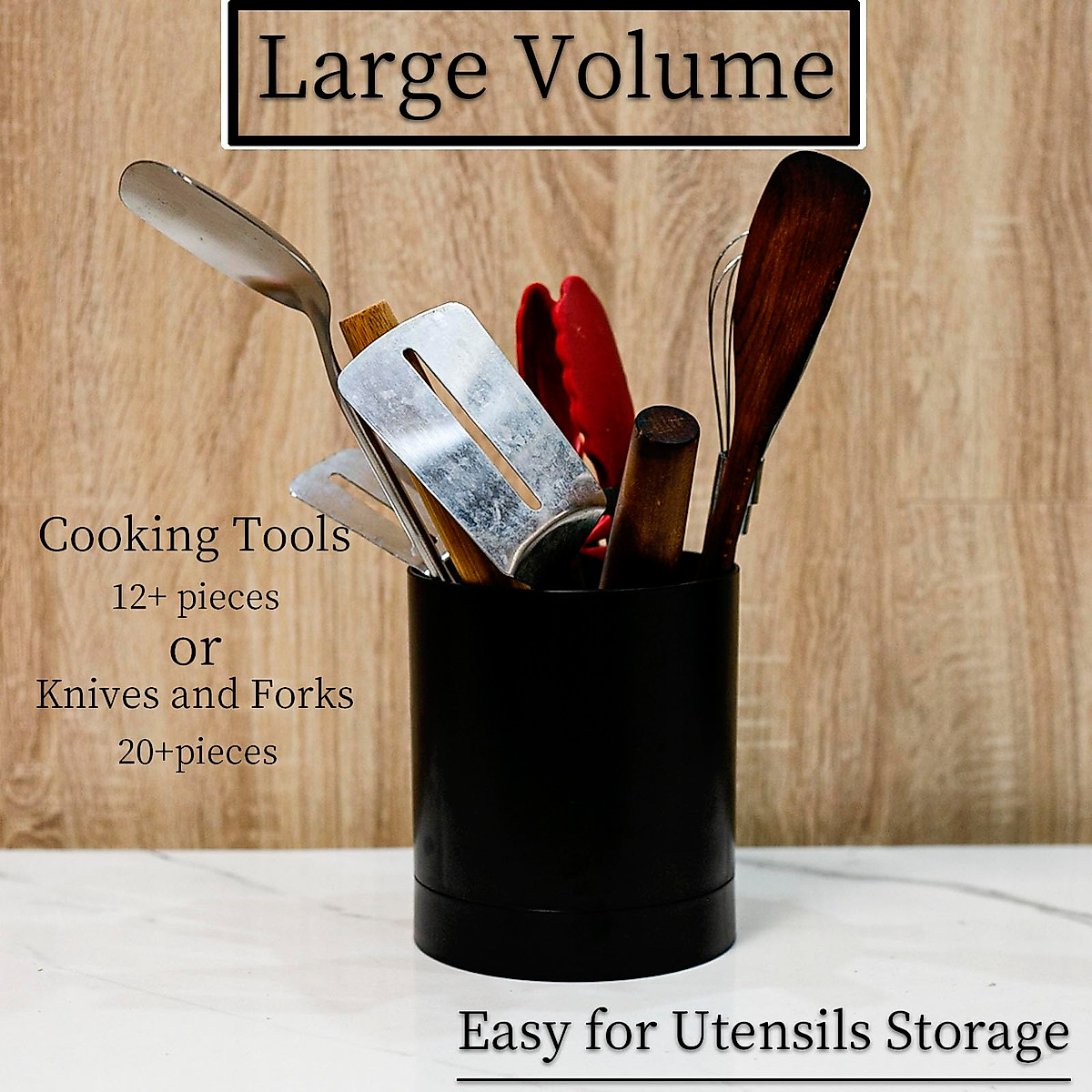 CrafArcher Large Kitchen Utensil Holder, 360° Rotating Plastic Utensil Caddy, Countertop Utensil Tools and Gadgets Organizer-Black 5.7" D x 6.5" H