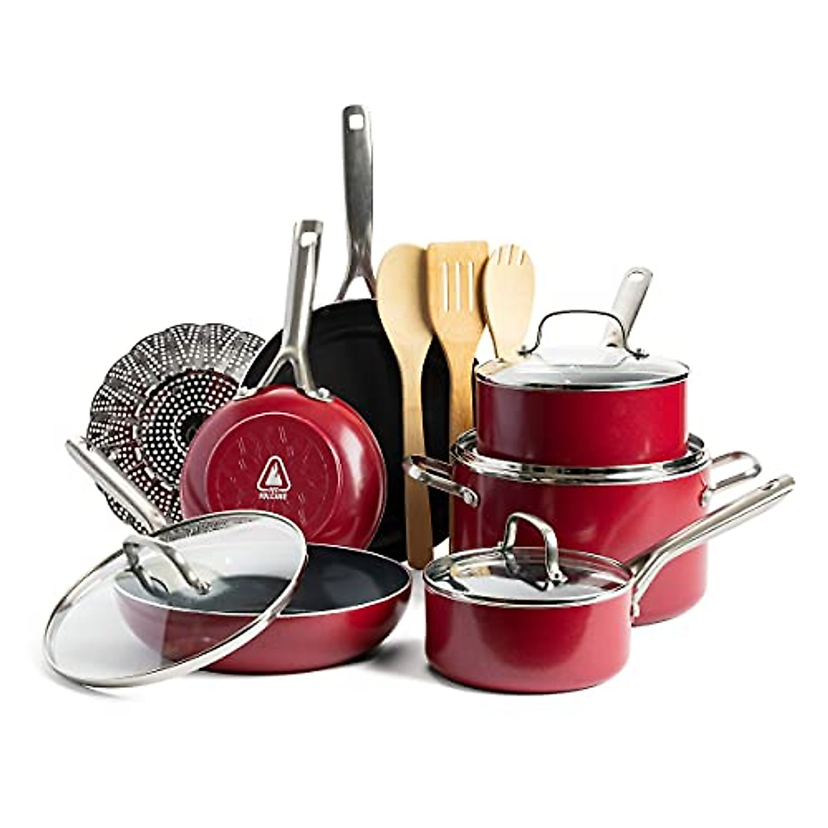 Red Volcano Textured Ceramic Nonstick, 14 Piece Cookware Pots and Pans Set with Stainless Steel Handles, PFAS PFOA & PTFE Free, Dishwasher Safe, Oven & Broiler Safe to 600 Degrees, Red
