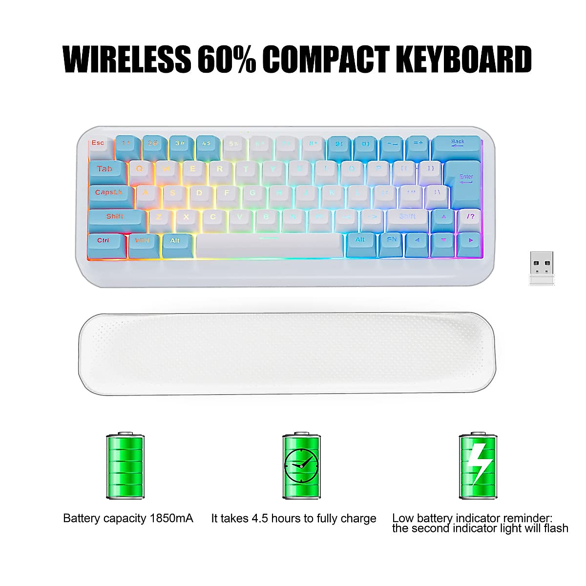 7KEYS 60% 2.4G Wireless Gaming Keyboard with Wrist Rest, Compact 63 Keys Mini RGB Light up Keyboard for PC Mac Laptop, Portable, Rechargeable Suit for Typing and Gaming(White&Blue)