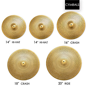 Low Volume Cymbal Pack, Quiet Cymbal Set 14''/16''/18''/20'' (5 Pcs, Matte Golden) | FREE Cymbal Bag included
