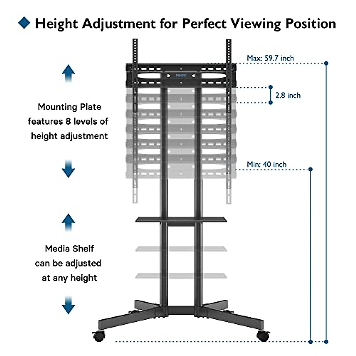 Mobile TV Stand, Rolling TV Stand with Wheels for 32-85Inch LED, LCD, OLED Flat&Curved TVs, Height Adjustable TV Cart with Laptop Shelf and Locking Wheels, Holds Up to 132lbs Max VESA 600x400mm, Black