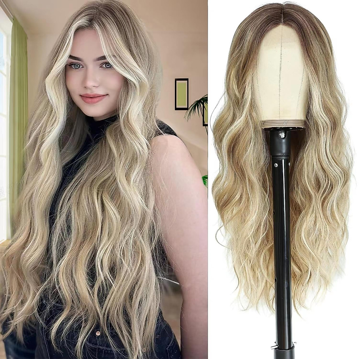 Ombre Blonde Wigs for Women 26 Inch Long Curly Wavy Blonde Wig Natural Looking Lace Middle Part Wig with Dark Root Synthetic Heat Resistant Wigs for Daily Party Use