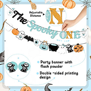 K KUMEED Blue Halloween Birthday Party Banner,The Spooky One Banner and Hanging Swirl Decorations Kit,Cute Ghost Pumpkin Bat Swirl Streamers for First Birthday Party Decorations Boys Girls