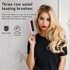 Remerry 12 Pieces Hair Brush Set, Nylon Teasing Hair Brushes 3 Row Salon Teasing Brush, Double Sided Edge Smooth Comb Grooming, Rat Tail Combs with Duckbill Clips for Women(Pink)