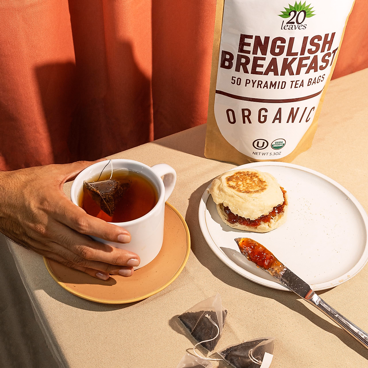 English Breakfast Black Tea - 100% Certified Organic - 50 Pyramid Tea Bags Sachets in a Resealable Bag