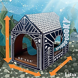 LiBa Cardboard Cat House with Scratch Pad and Catnip, Cat Bed for Indoor Cats, Cat Scratcher, Halloween Decorations Halloween Cat Toys Gifts for Cats Fish Bone