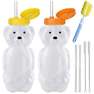 Honey Bear Straw Cups with 4 Flexible Straws & Cleaning Tools(2 Straw Brushes &1 Bottle Brush), 8-Ounce Therapy Sippy Bottles for Speech and Feeding Training, Leak-Proof & Food-Grade & BPA Free 2 Pack