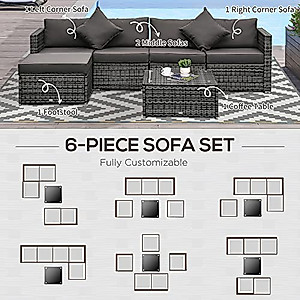 Outsunny 6 Pieces Patio Furniture Sets Outdoor Wicker Conversation Sets All Weather PE Rattan Sectional Sofa Set with Ottoman, Cushions & Tempered Glass Desktop, Charcoal
