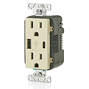 Leviton T5633-I 15-Amp Type A & Type-C USB Charger/Tamper Resistant Outlet, Not for Laptops, Ivory
