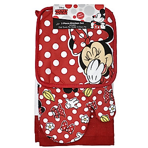 Disney Oven Mitt Pot Holder & Dish Towel 3 pc Kitchen Set (Minnie Mouse Red)