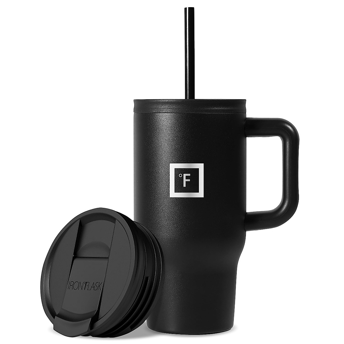 IRON FLASK Co-Pilot Insulated Mug w/Straw & Flip Cap Lids - Cup Holder Bottle for Hot, Cold Drink - Leak-Proof - Water, Coffee Portable Travel Mug - Midnight Black, 16 Oz
