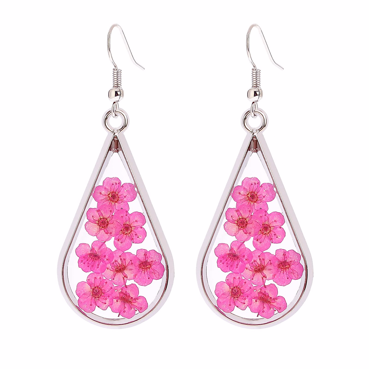BaubleStar Pressed Dry Flower Hot Pink Teardrop Earrings Natural Dried Flowers Drop Dangle Silver Fashion Jewelry for Women