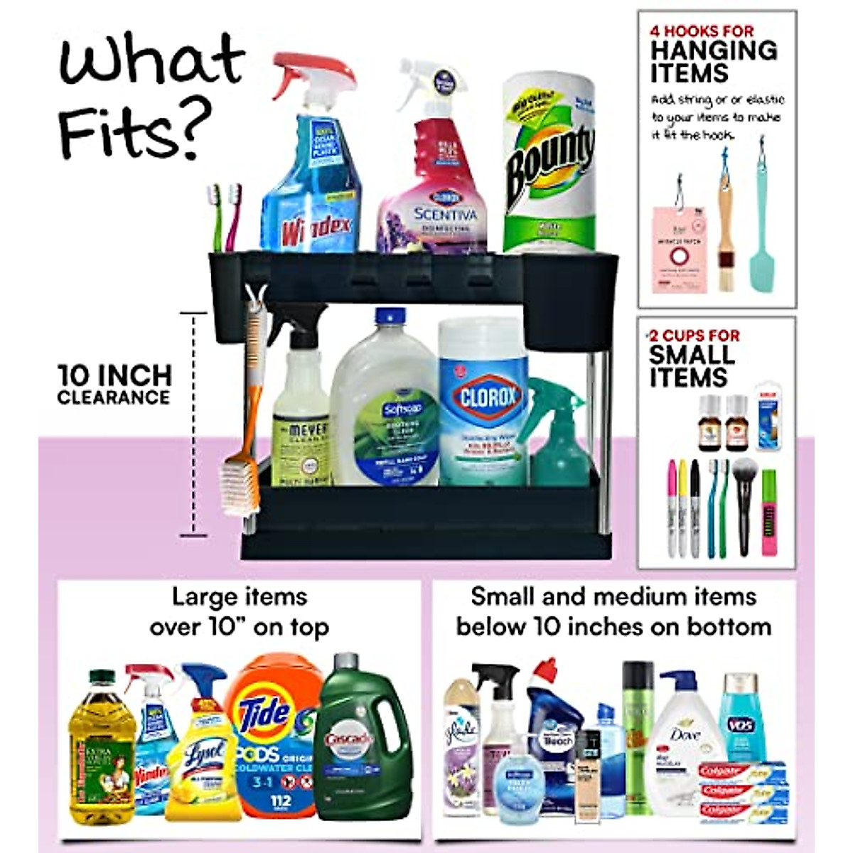 2 PACK Under Sink Organizer Rack 2 Tier Under Sliding Cabinet Basket Organizer Drawer With Bathroom Cabinet Storage Drawer With 4 Hooks