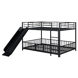 Bellemave Full Over Full Bunk Bed with Slide and Ladder, Metal Bunk Bed for Kids, Girls, Boys, Removable Fence, Low Bunk Bed with Slide, with Door, Black