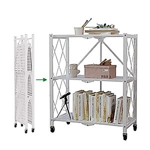 SogeHome 3-Tier Foldable Storage Shelf, Movable Metal Rack Cart, Home Display Shelf with Rolling Wheels for Kitchen, Living-Room, Bathroom, Bedroom, White