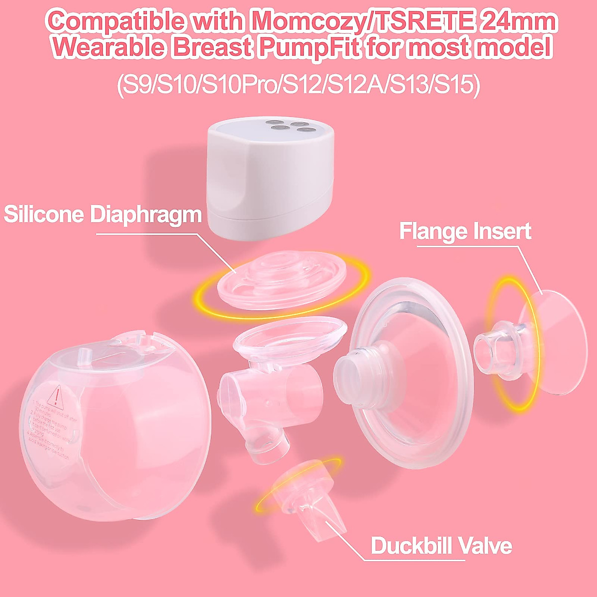 Flange Insert 13/15/17/19/21mm 5pcs, Compatible with Momcozy S9/S9 pro/S12/S12 pro, Including Duckbill Valve&Silicone Diaphragm for Wearable Breast Pump, Reduce Nipple Tunnel Down to Correct Size