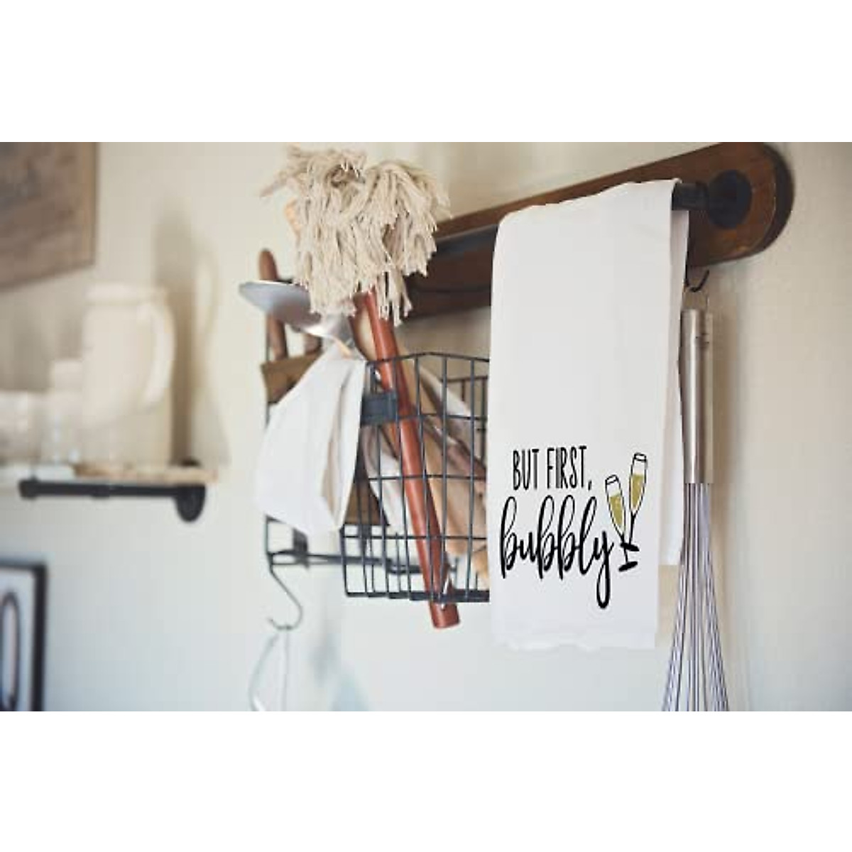 Handmade Funny Kitchen Towel - 100% Cotton Funny Hand Bar Towels for Champagne Celebrations - 28x28 Inch Perfect for Hostess Housewarming Christmas Mother’s Day Birthday Gift (But First Bubbly)