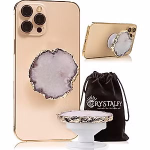 CRYSTALFY Rutilated Clear Quartz Crystal Phone Grip & Phone Stand: Authentic Natural Gemstone Swappable Top, Expandable Collapsible Holder for Smartphones and Tablets