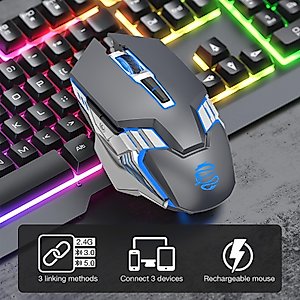 SHUNJINRUN Bluetooth Mouse, Rechargeable Wireless Mouse with 7 Buttons, RGB, 3 Modes, Ergonomic Computer Mouse for Laptop, Mac, PC, Chromebook, iPad, Tablet etc. - Gray
