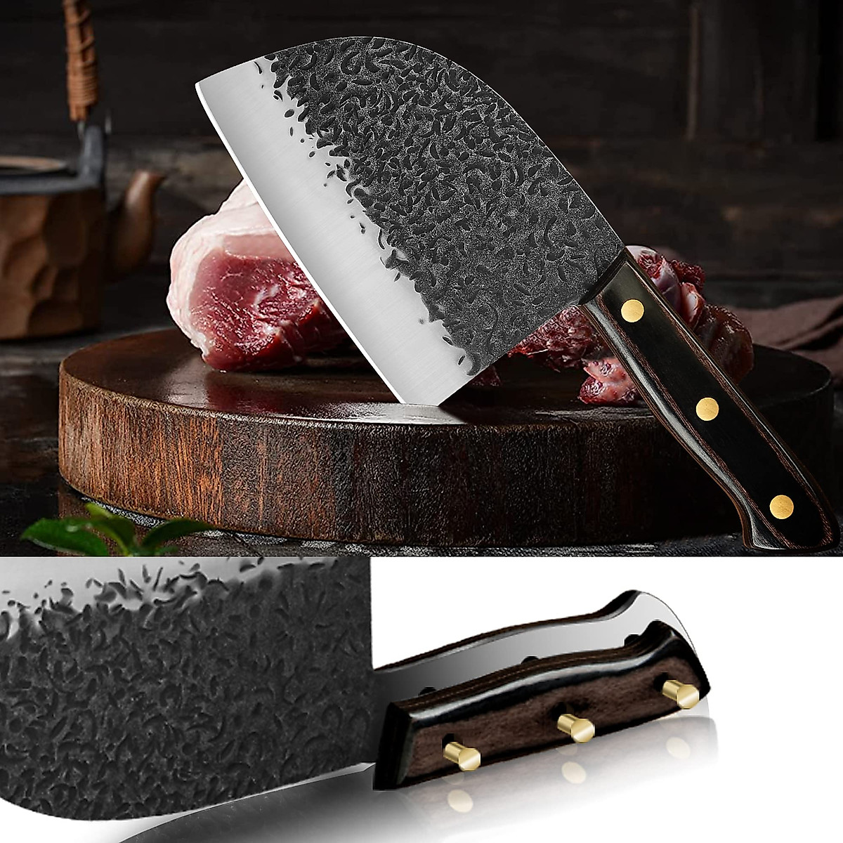 XYJ Full Tang Boning Butcher Knife With Leather Sleeves Hammer Blade High Carbon Stainless Steel Serbian Chef Knives For Kitchen Camping or Outdoor BBQ
