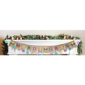 Mardi Gras Garland Burlap Banner - Fleur de Lis Mardi Gras Decorations - Mardi Gras Glitter Circle Dot Garland - Mardi Gras Party Decorations - Ready to Hang Mardi Gras Decor by Jolly Jon
