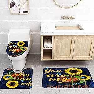 4 Piece Gold Sunflower Shower Curtains with Bath Rugs Bathroom Sets,Butterfly and Flower Bathtub Decor with Floor Carpet U Shape Mat Toilet Seat Cover Hook ,71 Inch Size Long Home Decoration (Blue)