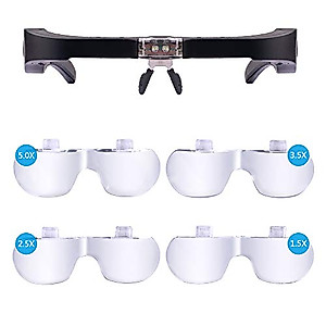 Head Magnifier Glasses with 2 LED Lights USB Charging Magnifying Eyeglasses for Reading Jewelry Craft Watch Repair Hobby, Detachable Lenses 1.5X, 2.5X, 3.5X,5X(Black)