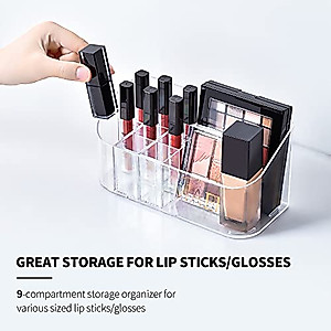YOHOM Small Clear Makeup Organizer Tray Vanity Cosmetic Brush Holder Storage Box 9-Compartments Countertop Lipstick collection Display Case with 2 Dividers Plastic