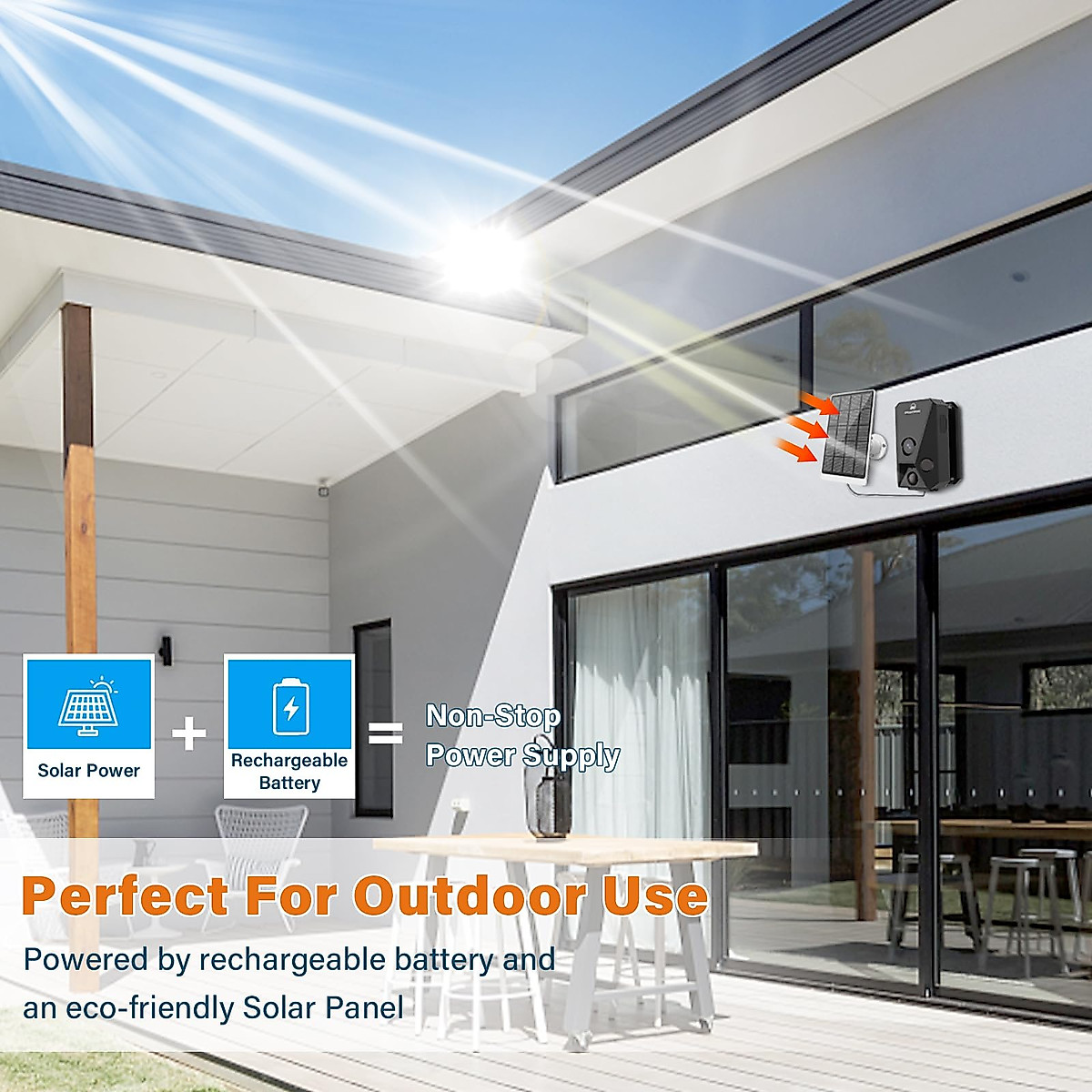 eMACROS Wireless Security Camera Outdoor, Solar Powered 2.4G WiFi Home Security System with Motion Detection and Siren,Two-Way Audio,HD 2K with Night Vision,IP65 Waterproof