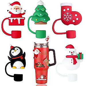 SEEZIZI 5 pcs Christmas Straw Covers Cap Toppers Compatible with Stanley 30&40 oz Tumbler Cups,Reusable Cute Silicone Straw Tips Lids Protectors for 0.4 in/10mm Stanley Cups Straws Accessories