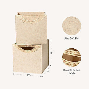 La Jolie Maison 2 Pack Foldable Oatmeal Felt Cube Bins, 13 Inch Storage Cube with Rattan Handle, Decorative Storage Bins for Closet Toys Bedroom