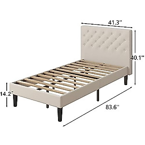 HOMBCK Twin Bed Frame, Upholstered Bed Frane Twin with Button Tufted Headboard, Linen Fabric Modern Bed Frame, Sturdy Wood Slat Support, No Box Spring Needed, Beige