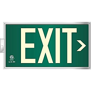 Photoluminescent Exit Sign Green Framed Flag/Ceiling Mount (Removable Arrows) Code Approved UL 924- IBC-NFPA