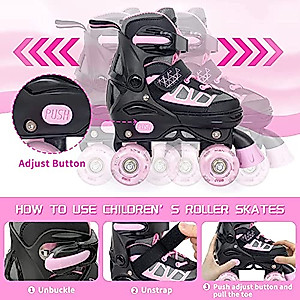 MammyGol Roller Skates for Kids Boys Girls, Adjustable Quad Skates with Light Up Wheels for Toddler Little Kids Ages 6-12 Size 1 2 3 4, Beginners Outdoor Sports, Pink