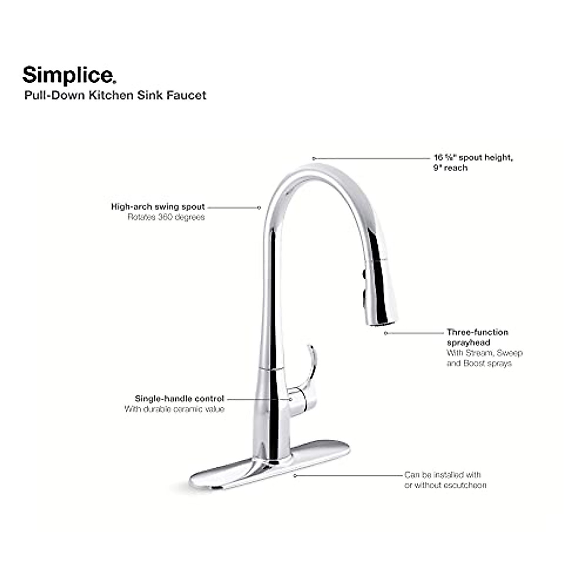 KOHLER 596-VS Simplice Pull Down Kitchen Faucet, High Arch, Vibrant Stainless