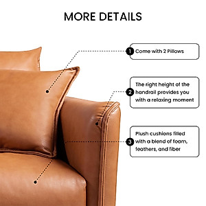 Valencia Jasper 85" Cognac Tan Brown 3 Seater Full Leather Couch | Mid Century Leather Sofa with 2 Pillows for Living Room Furniture | Plush Cushions, Nappa Leather Lounge Couch