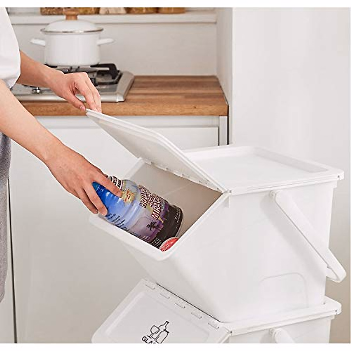 Nature Living Modern Daily Stackable Organizer Stores Recycling Bin Container with Lid, Handle, Recycle Sticker Trash Bin Label, Tools and Toys, Handy Recycler, 3 Pack of Bins, White