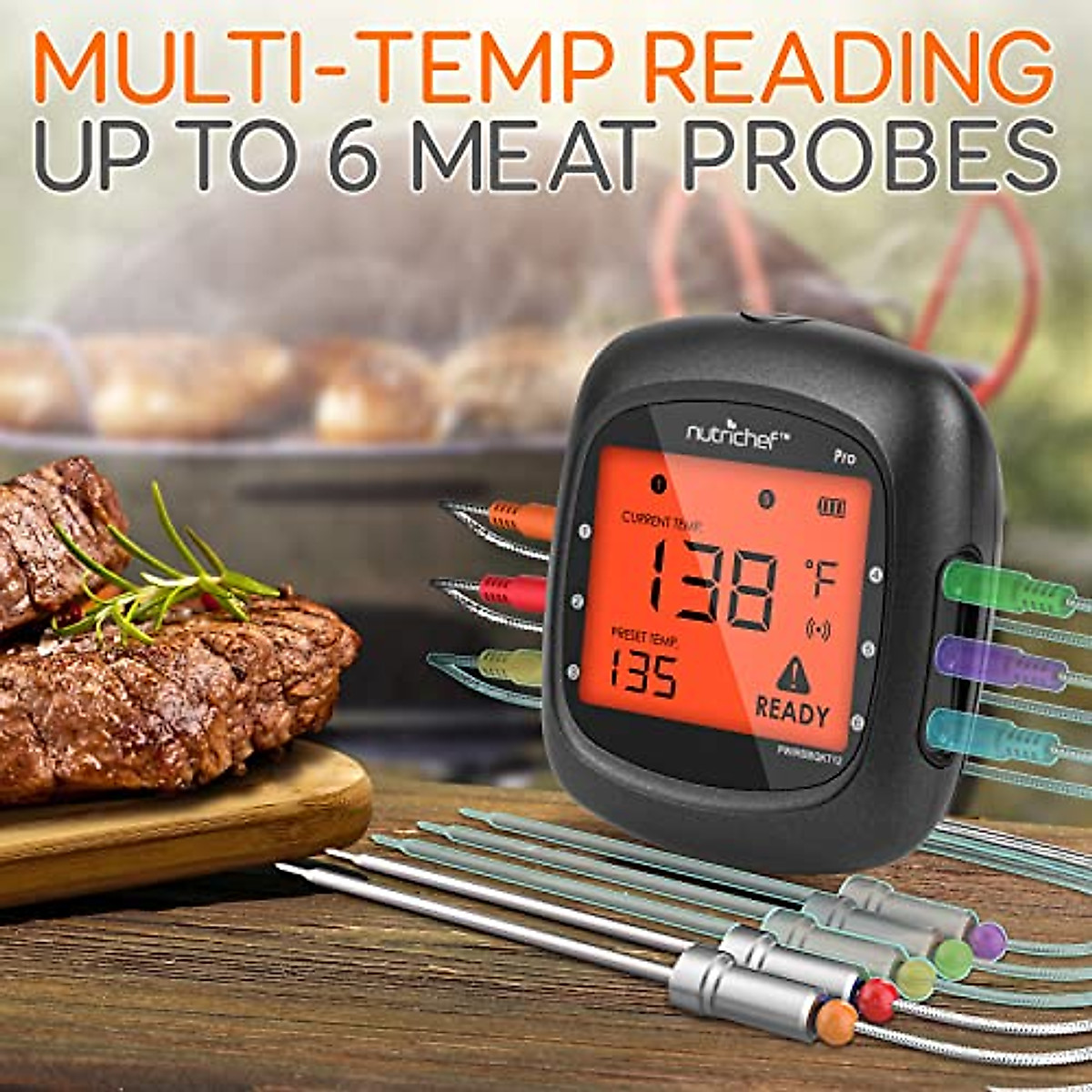 NutriChef Smart Bluetooth BBQ Thermometer with Travel Zip Case, Upgraded Stainless w/ 2 Temperature Probes, LCD Display, Done Alarm Android iPhone, Gas Charcoal BBQ Smoker Temp Monitoring