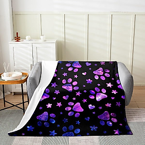 Feelyou Dog Paw Print Flannel Fleece Throw Blanket for Bed Sofa Couch Kids Queen 90"x90" Purple Galaxy All Season Bed Blanket Room Decorative Puppy Pets Animal Themed Fuzzy Blanket Cute Cartoon