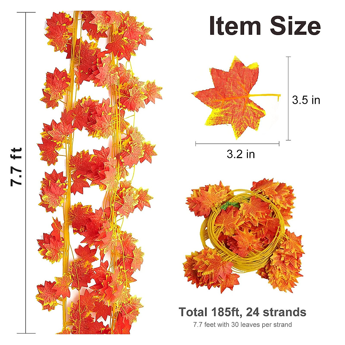 24 Pack Fall Leaf Garland, Artificial Maple Garland Artificial Fall Maple Ivy Vines, Thanksgiving Decor Garland Autumn for Party Home Garden Kitchen Office Wedding Indoor Outdoor Decors