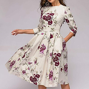 Simple Flavor Women's Floral Vintage Dress Elegant Autumn Midi Evening Dress 3/4 Sleeves (Beige, M)
