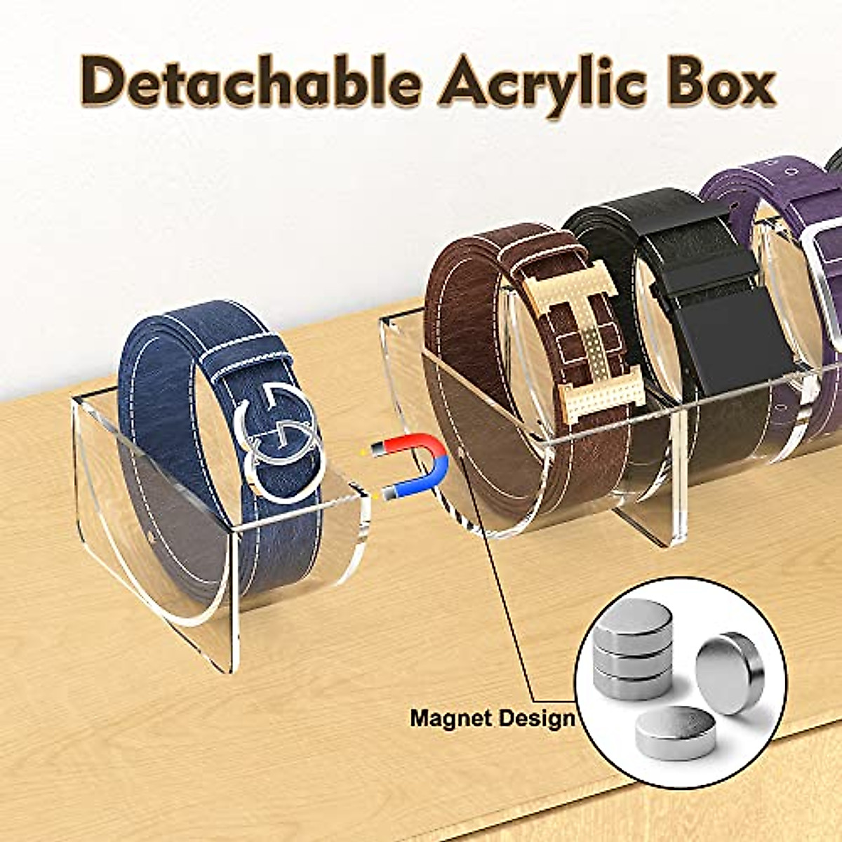 Belt Organizer, OFFSIR Belt Rack Storage Holder 6 Packs Acrylic Clear Display Case Container with Magnet, Detachable Belt Organizer for Closet Drawer Men& Women Belts Tie Bow Tie