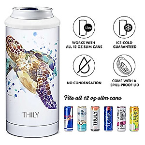 THILY Skinny Can Cooler with Lid, Vacuum Insulated Drink Sleeve Holder for 12 oz Slim Cans | 2 in 1 Stainless Steel Travel Insulated Tumbler, for Slim Beer & Hard Seltzer, Sea Turtle