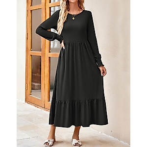 ZESICA Women's Spring Long Sleeve Dress 2025 Crewneck Casual Loose Pleated Tiered Swing Midi Dresses with Pockets,Black,Large