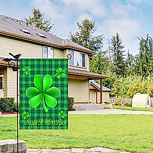 WENWELL Happy St Patricks Day House Garden Flags,Shamrock Buffalo Check Plaid Rustic Burlap Yard Sign Decorations,Spring Banners for Outdoor 12 x 18 Inch Double Sided (Green)