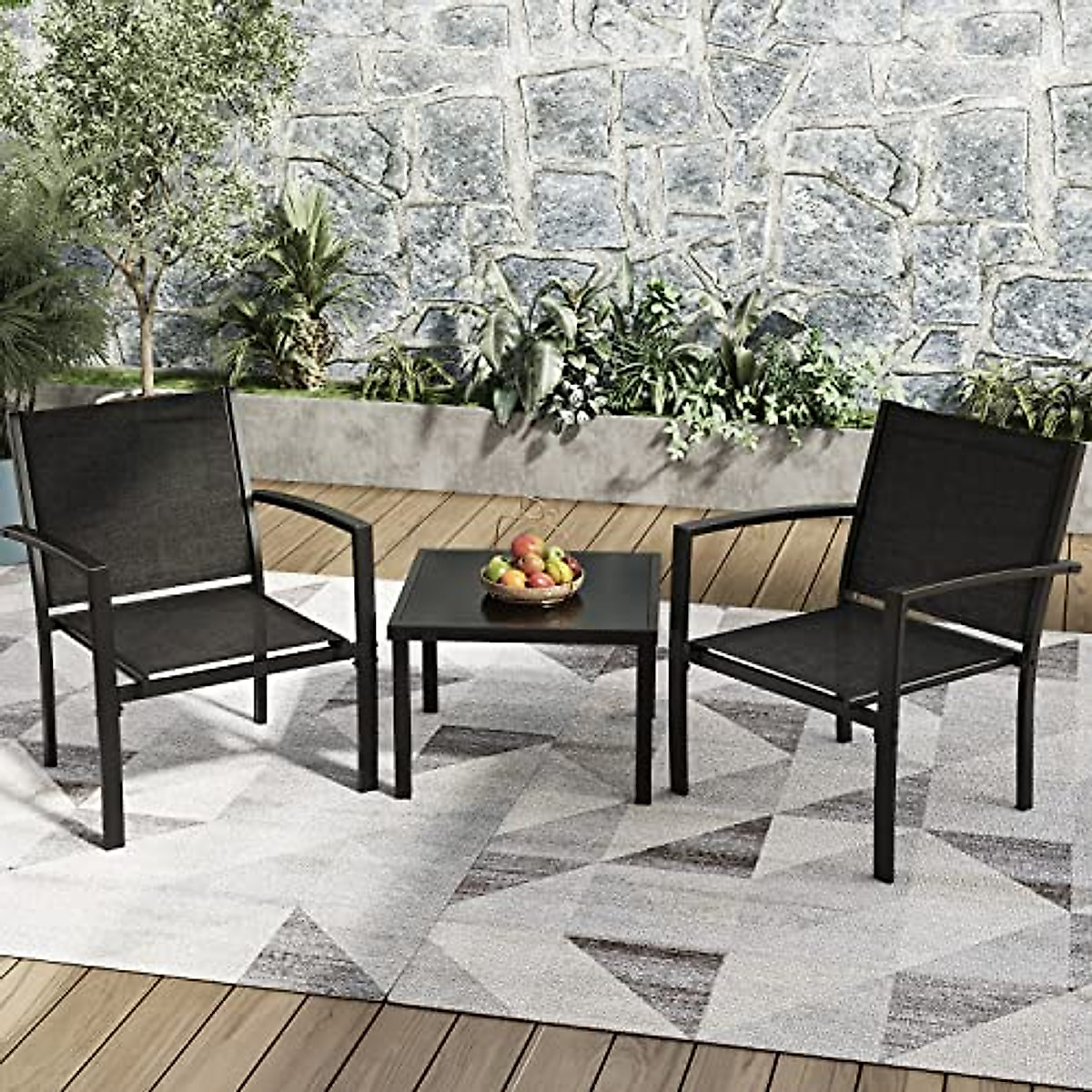 Greesum 3 Pieces Patio Furniture Set Outdoor Conversation Textilene Fabric Chairs for Lawn, Garden, Balcony, Poolside with A Glass Coffee Table, Black